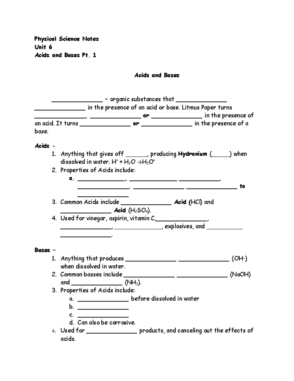 Acid and bases Notes Unit 6 - Physical Science Notes Unit 6 Acids and ...