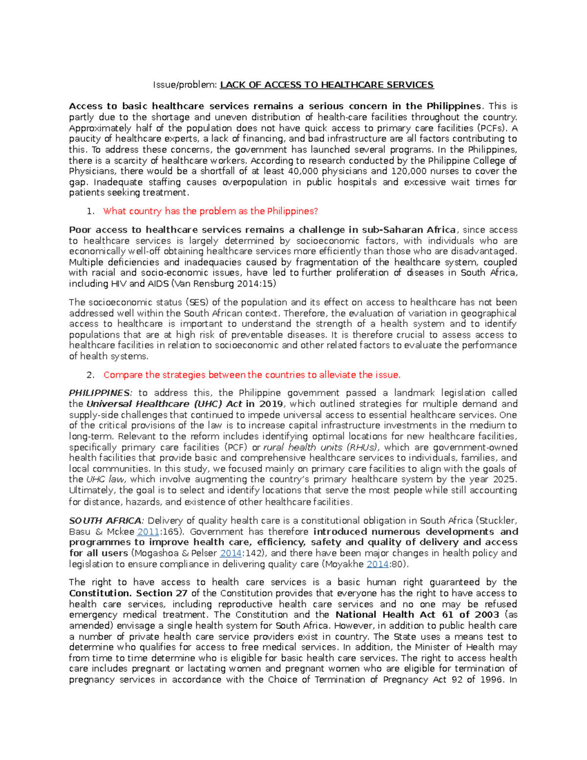 Global Context - Issue/problem: LACK OF ACCESS TO HEALTHCARE SERVICES ...