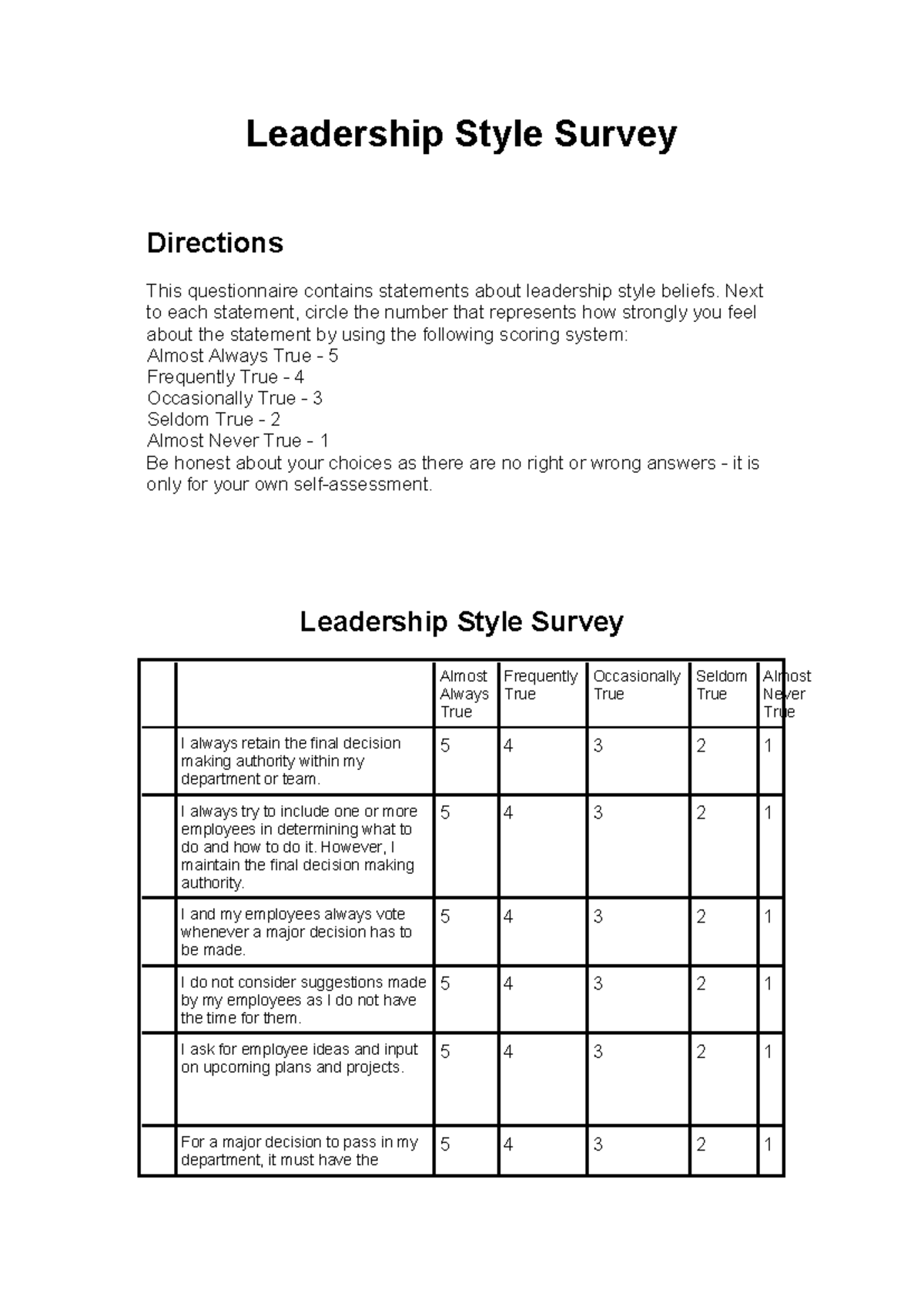 Leadership styles - Sheet to help with exam - Leadership Style Survey ...