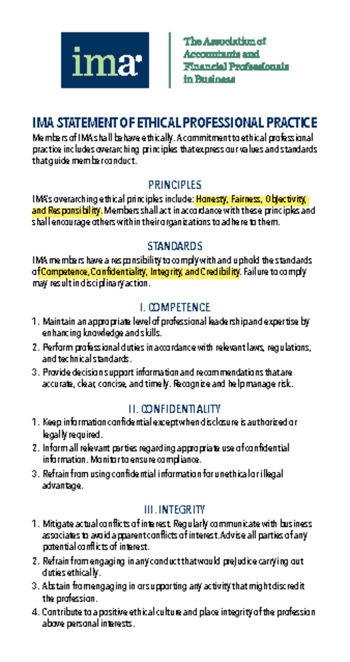 IMA-Ethics - IMA STATEMENT OF ETHICAL PROFESSIONAL PRACTICE Members of ...