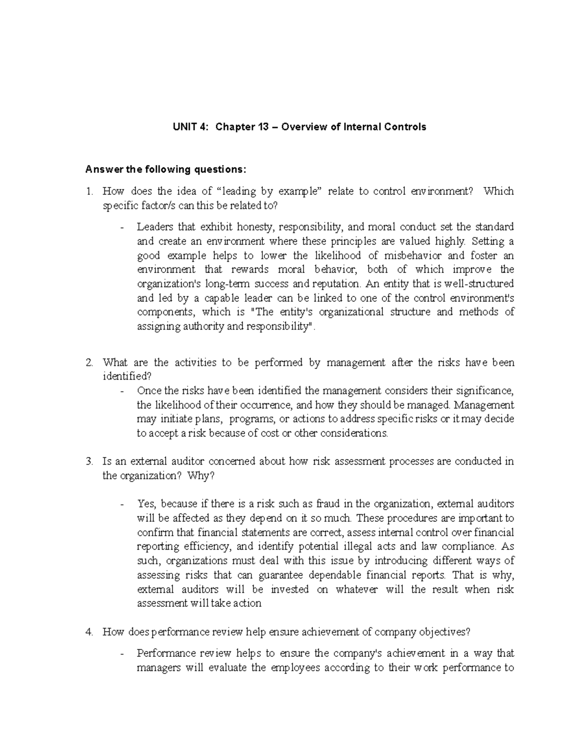 Q&A Activity Overview on Internal Controls - UNIT 4: Chapter 13 – Overview of Internal Controls ...