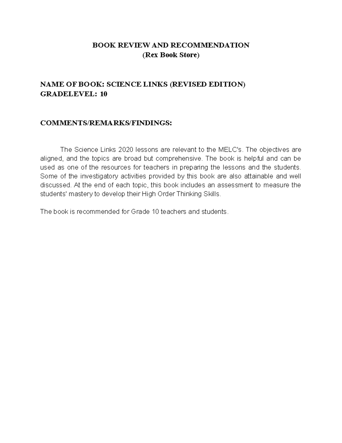 BOOK- Review-AND- Recommendation - BOOK REVIEW AND RECOMMENDATION (Rex ...