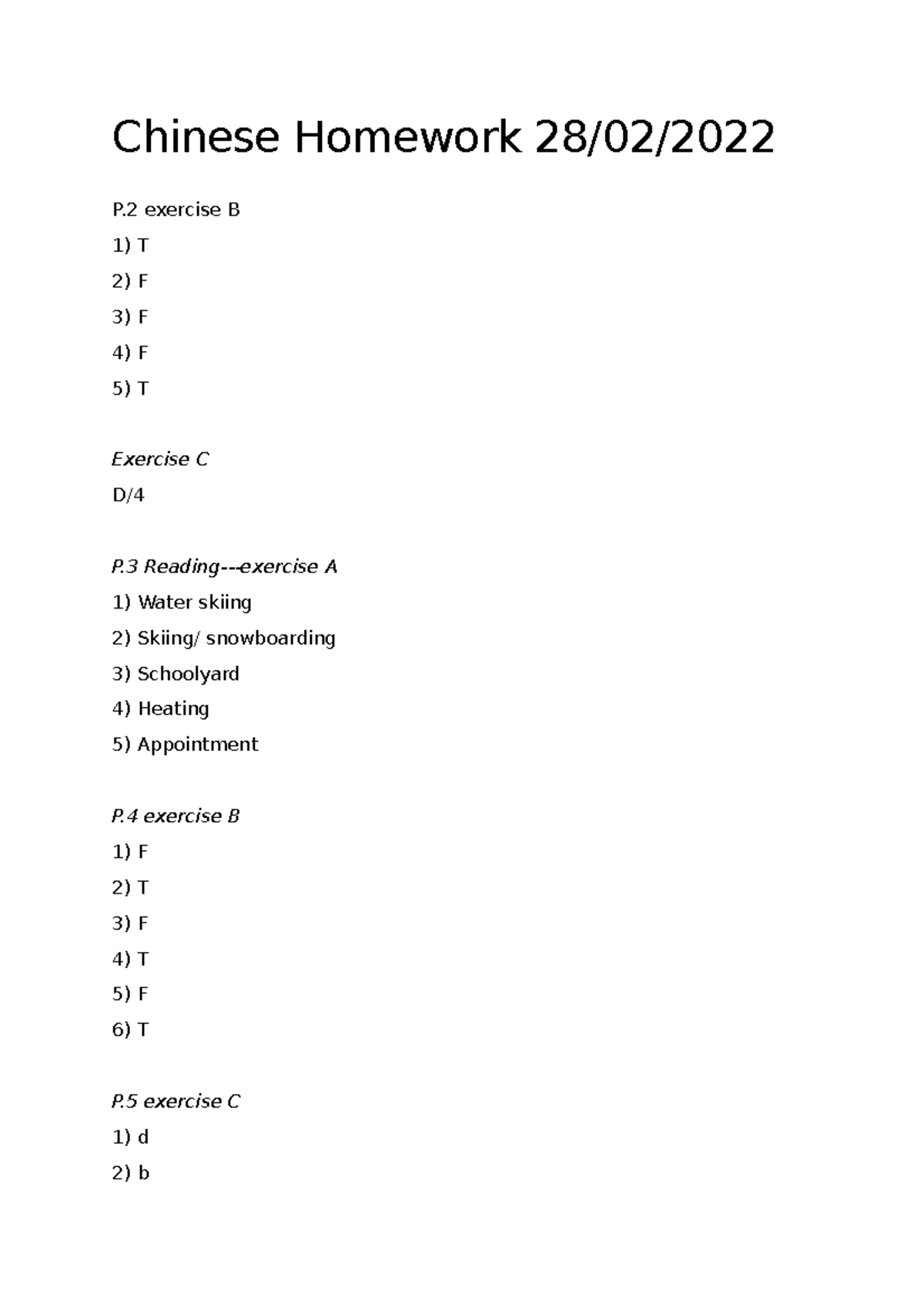 Chinese 2B Homework for class - Chinese Homework 28/02/ P exercise B T ...