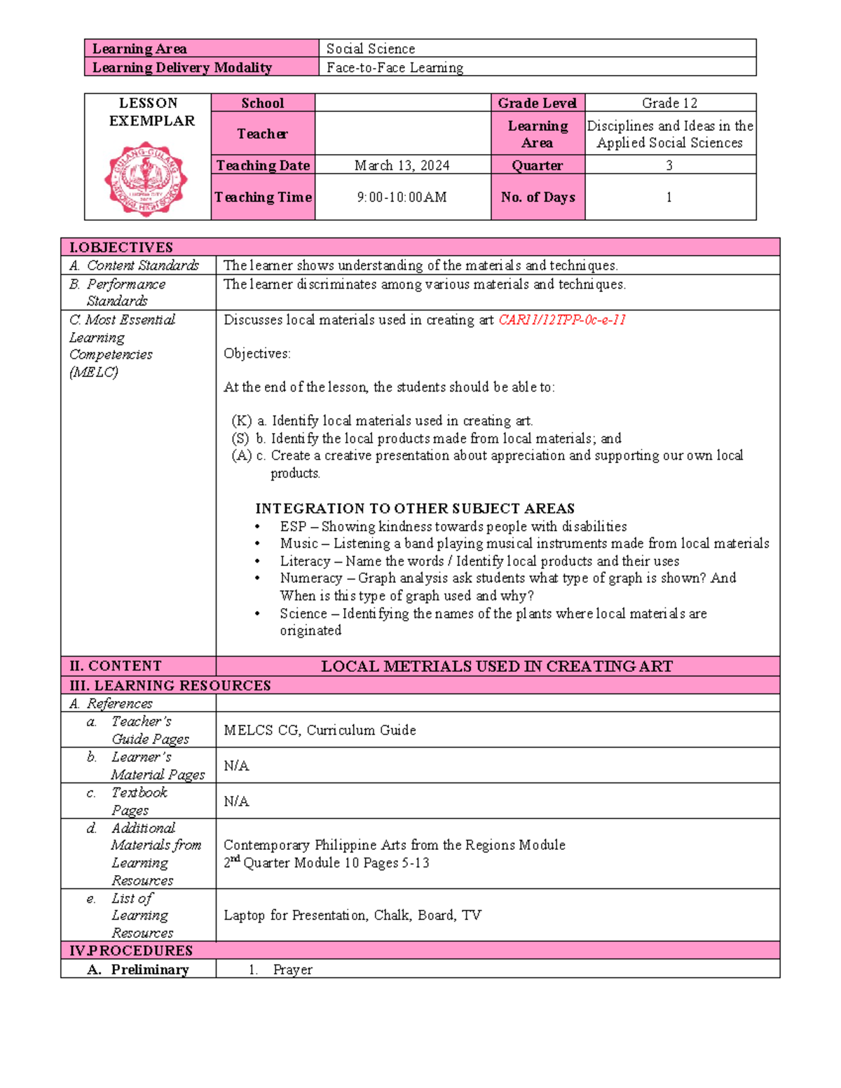 Detailed Lesson PLAN Local Materials USED IN Creating ART - Learning ...