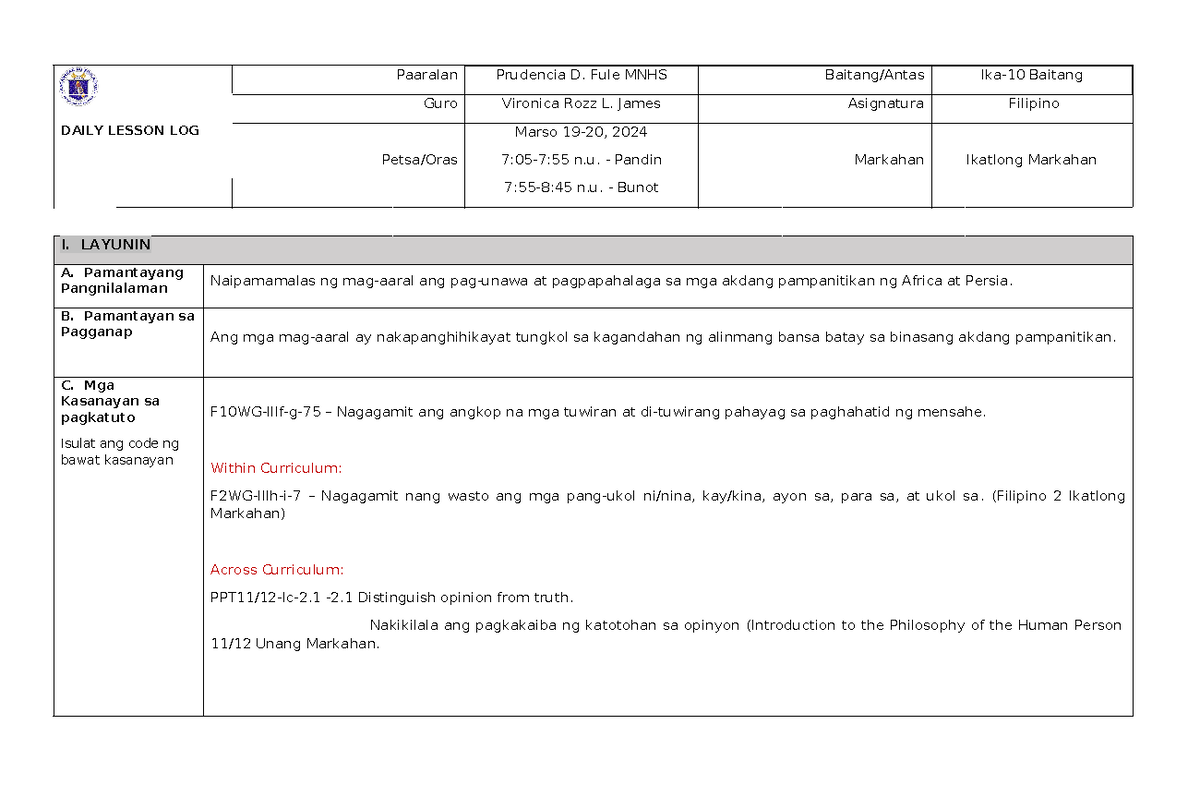 Tuwiran AT DI- Tuwirang Pahayag - DAILY LESSON LOG Paaralan Prudencia D ...