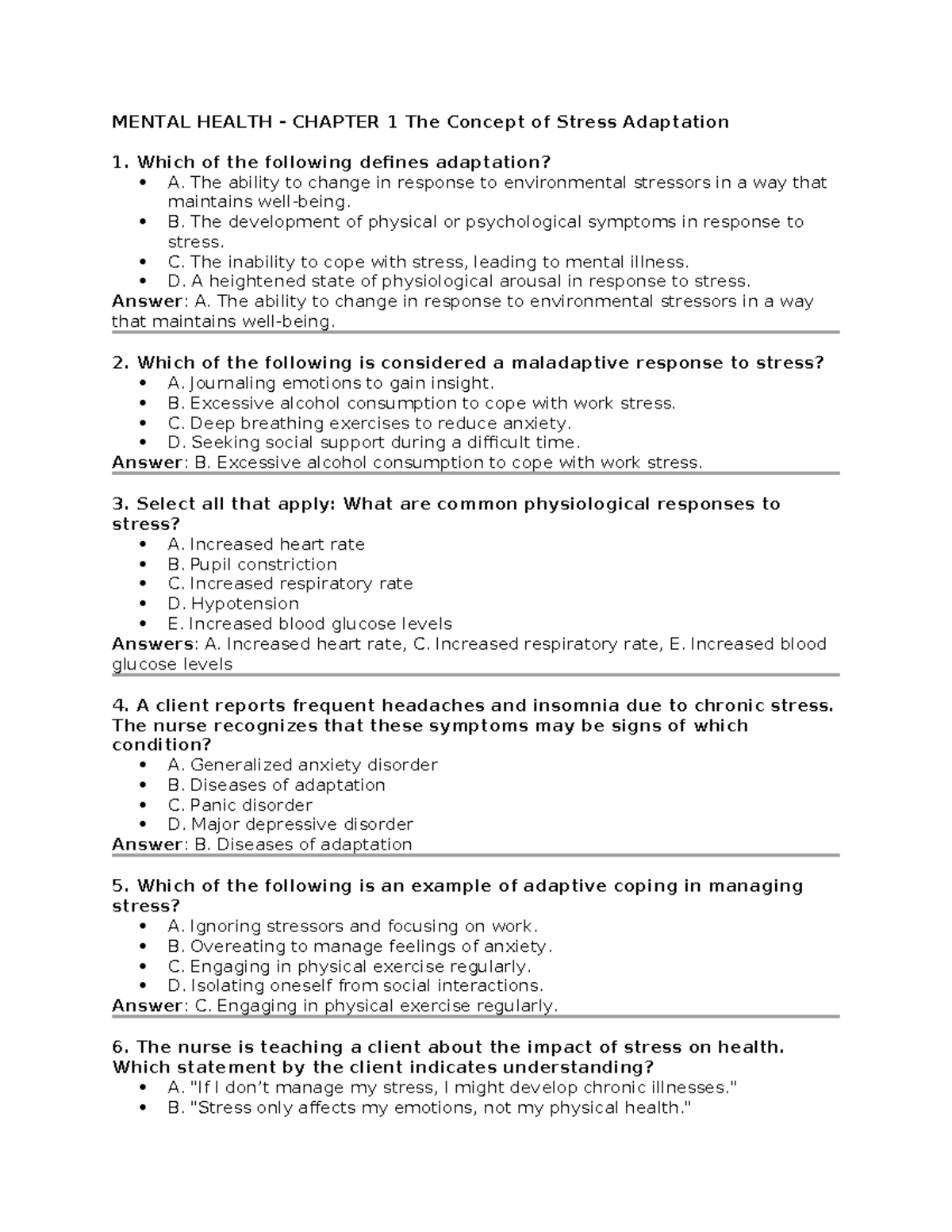 Chapter 1 - Concept of Stress Adaption - MENTAL HEALTH - CHAPTER 1 The ...