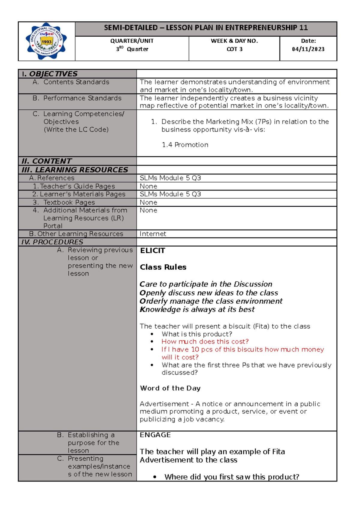 Lesson Plan FOR Entrepreneurship Promotion - QUARTER/UNIT 3 RD Quarter ...