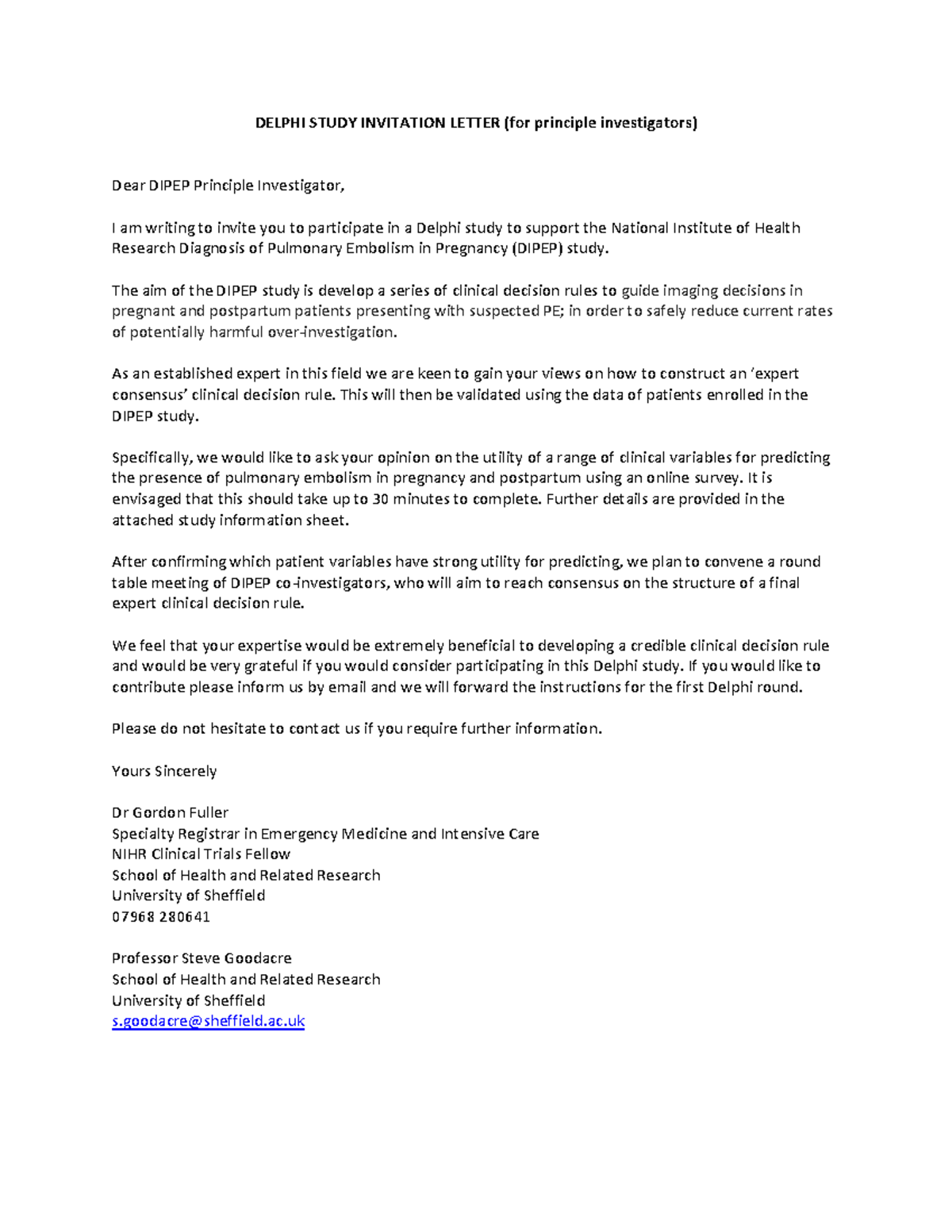 Delphi Invitation Letters - DELPHI STUDY INVITATION LETTER (for ...