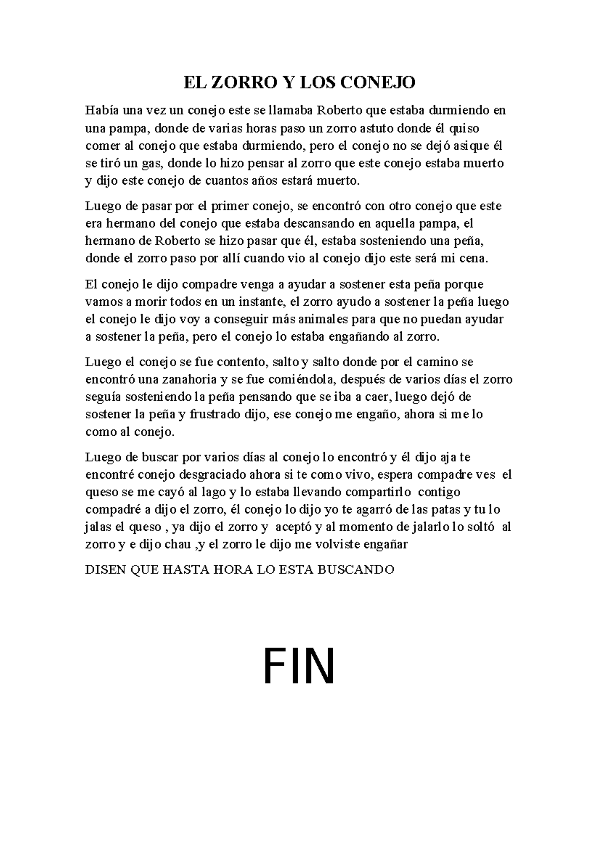 EL Zorro Y EL Conejo - fabula - EL ZORRO Y LOS CONEJO Había una vez un ...