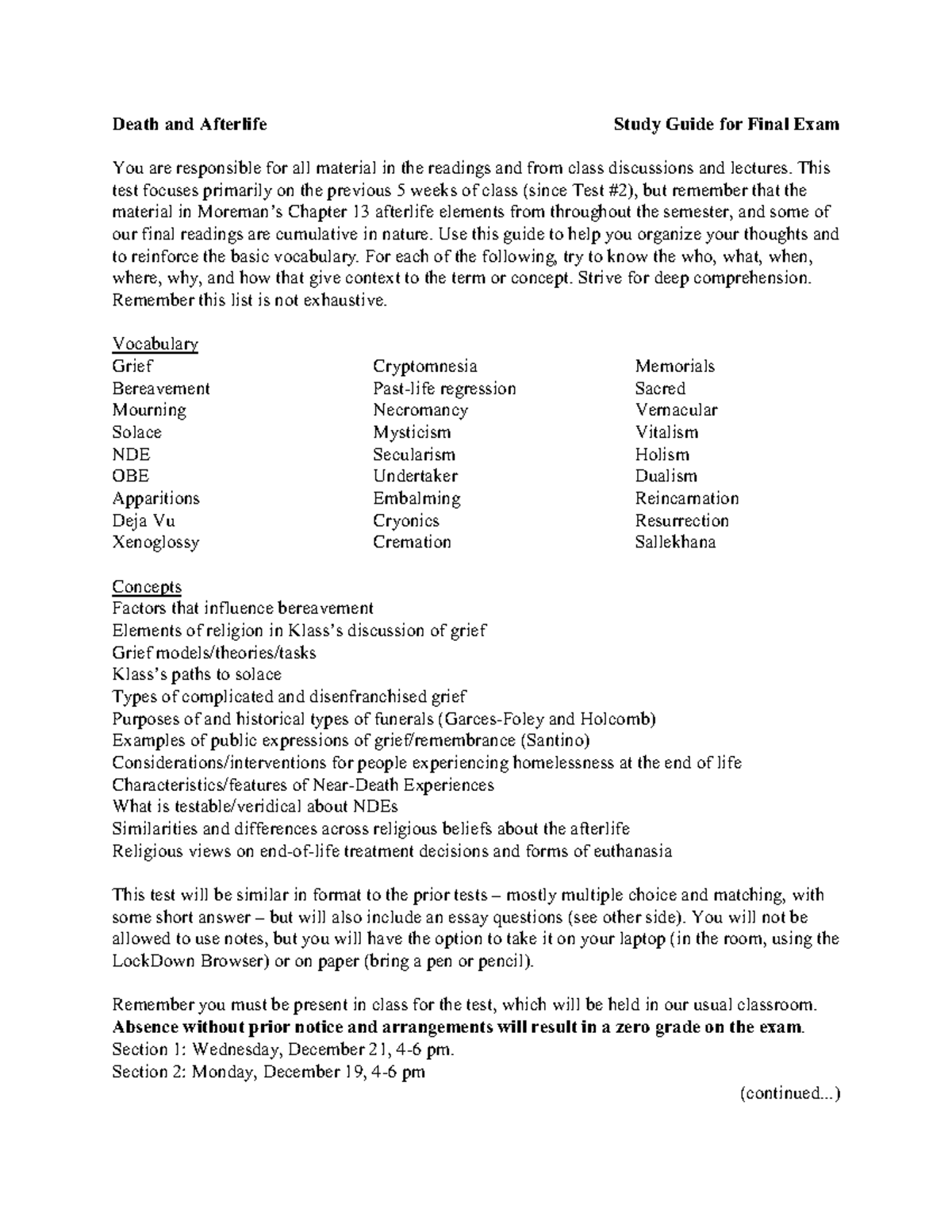Death and Afterlife Study Guide for Final Exam Fall 2022 - Death and ...