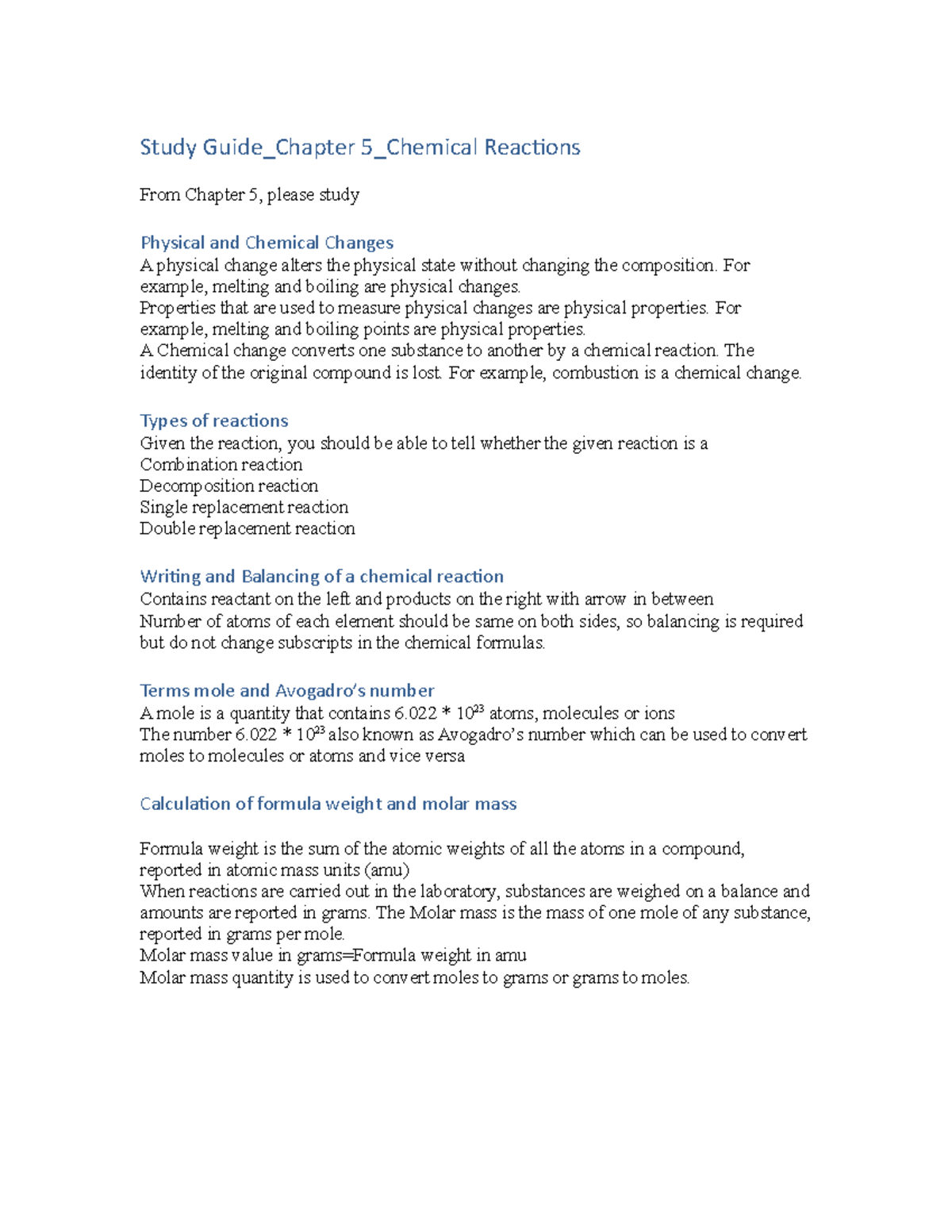 Study Guide Chapter 5 - Study Guide_Chapter 5_Chemical Reactions From Chapter 5, please study ...