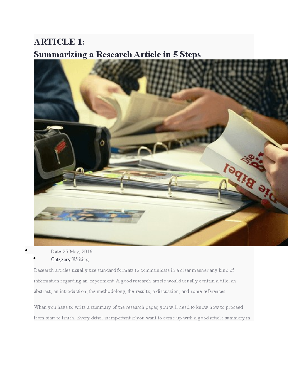 ENG 1203 How to Summary Writing Handout - ARTICLE 1: Summarizing a ...