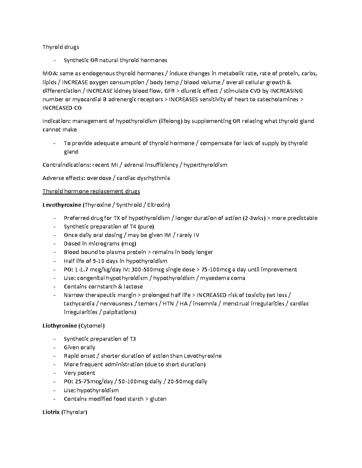 Notes thyroiddrugs - pharm - Thyroid drugs Synthetic OR natural thyroid ...