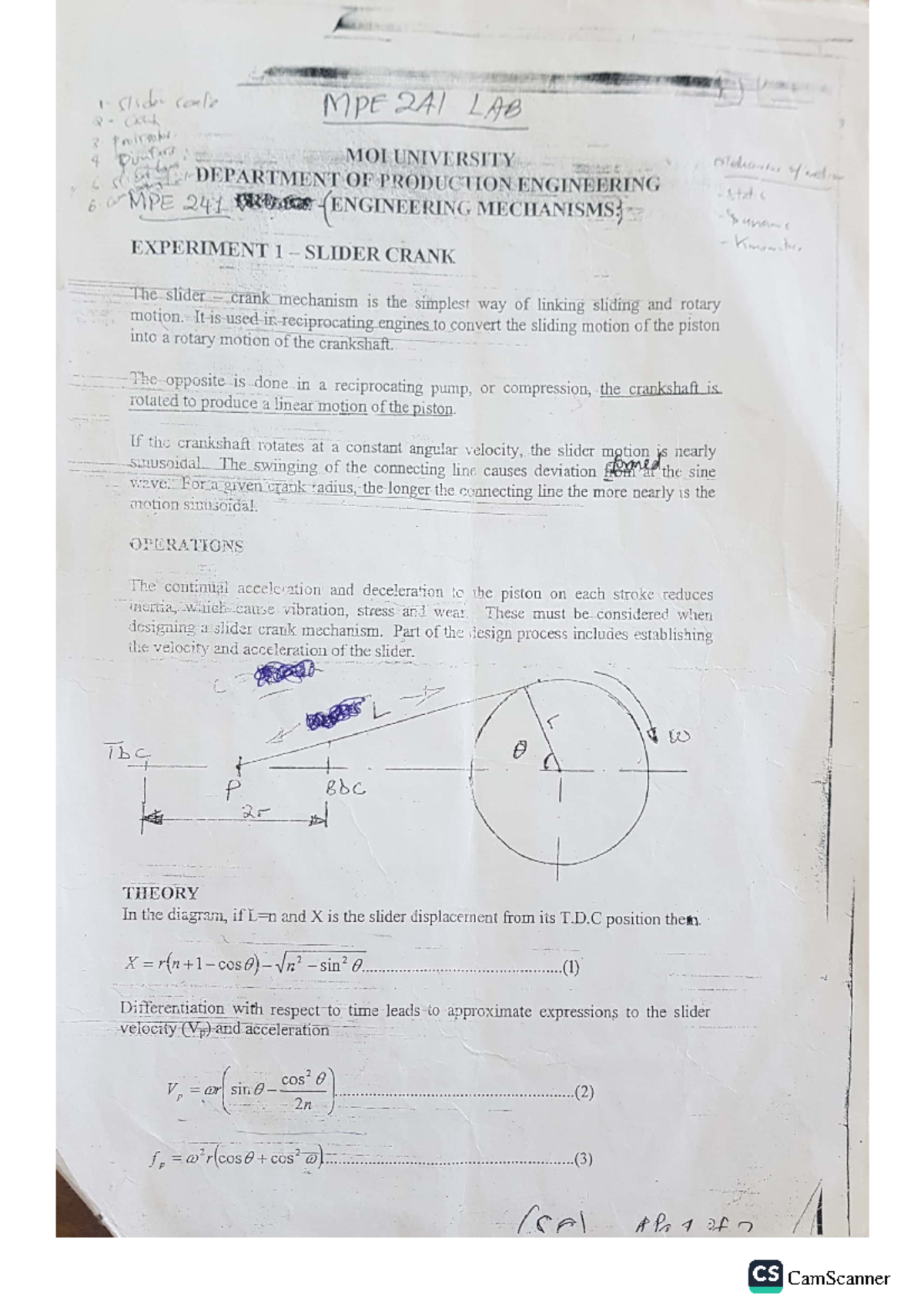 MPE 241- Slider Crank Experiment - Electrical engineering - Studocu