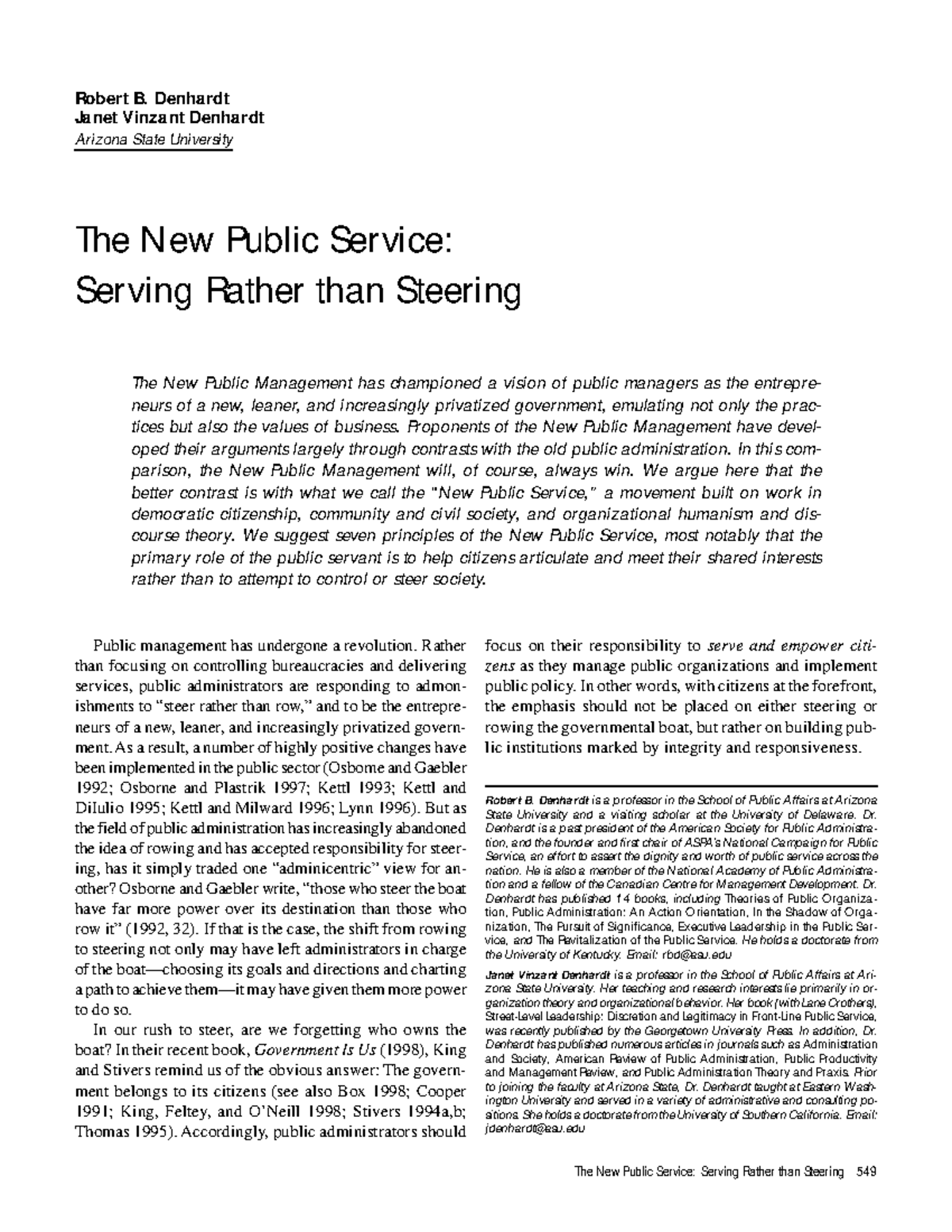 Par-denhardt new public service - The New Public Service: Serving ...