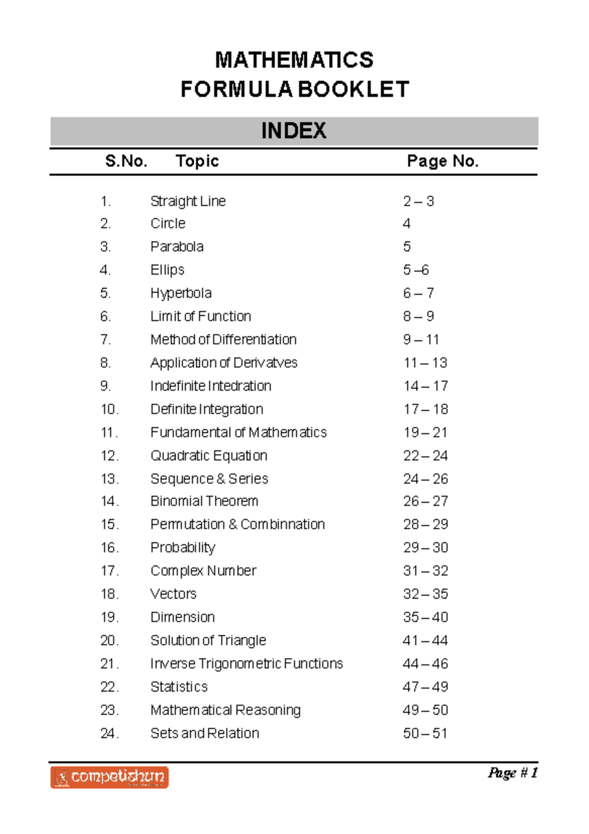 Maths formula booklet - S. Topic Page No. INDEX MATHEMATICS Straight ...