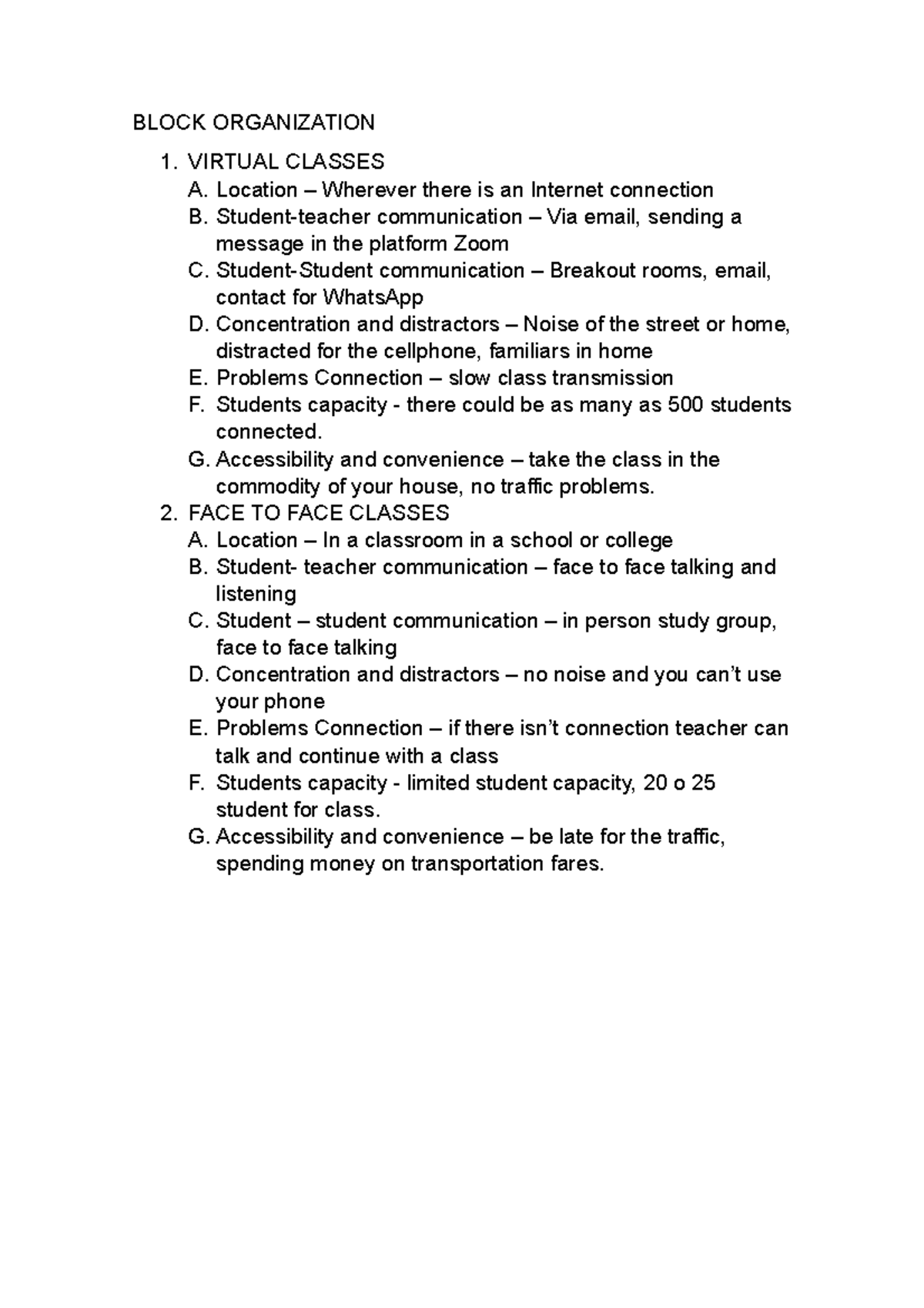 Draft writing 1. adv 12 - BLOCK ORGANIZATION 1. VIRTUAL CLASSES A ...