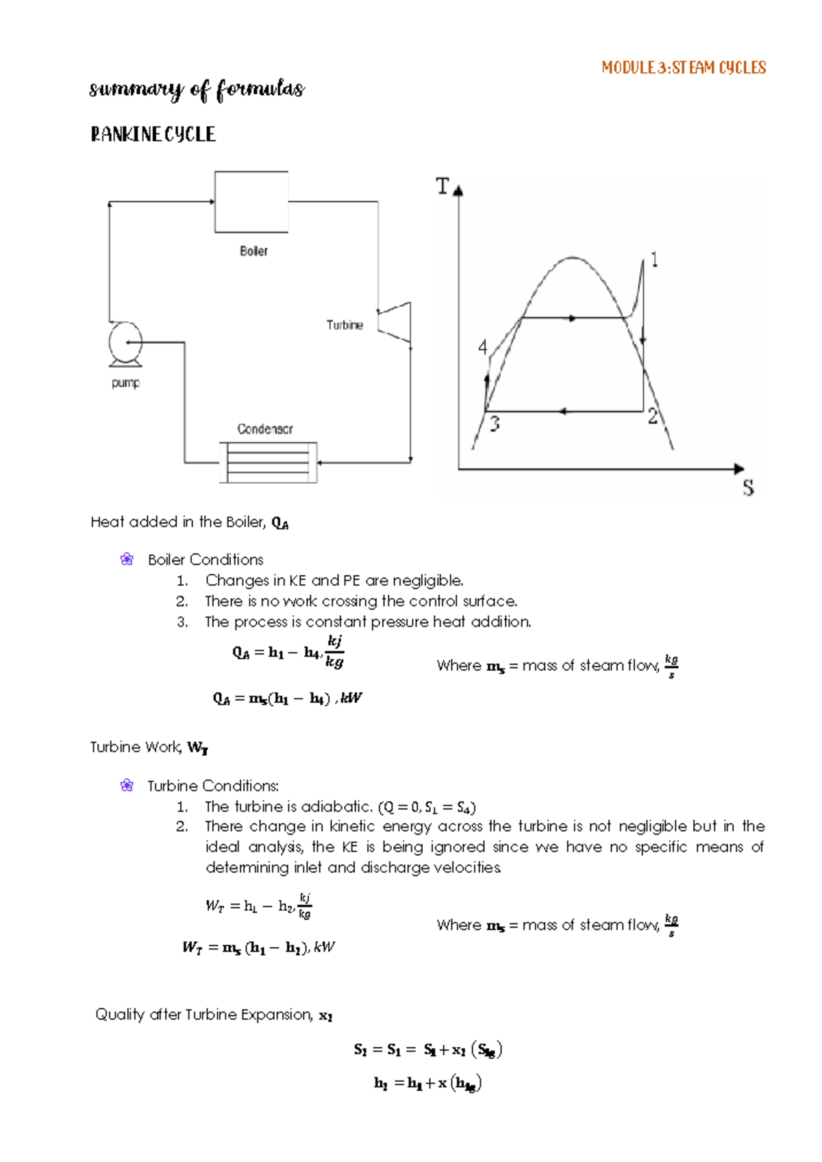 Module 3 - MODULE 3 : Steam Cycles Summary of Formulas Rankine cycle ...