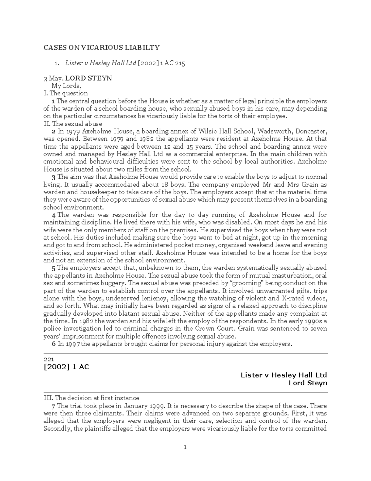 Cases on Vicarious Liability - CASES ON VICARIOUS LIABILTY Lister v ...