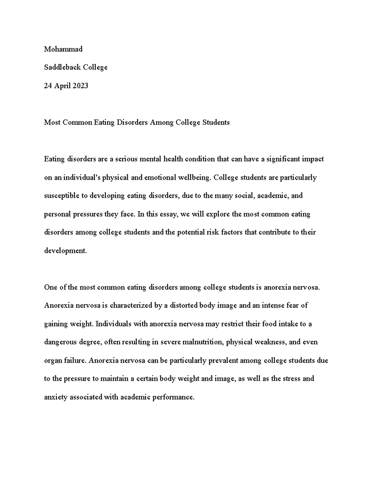 Most Common Eating Disorders Among College Students Mohammad