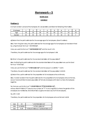 Home Work-1 - POM 500 Chapter 1 and 2 - Homework 1 POM 500 Statistical Analysis Problem-1: Using ...