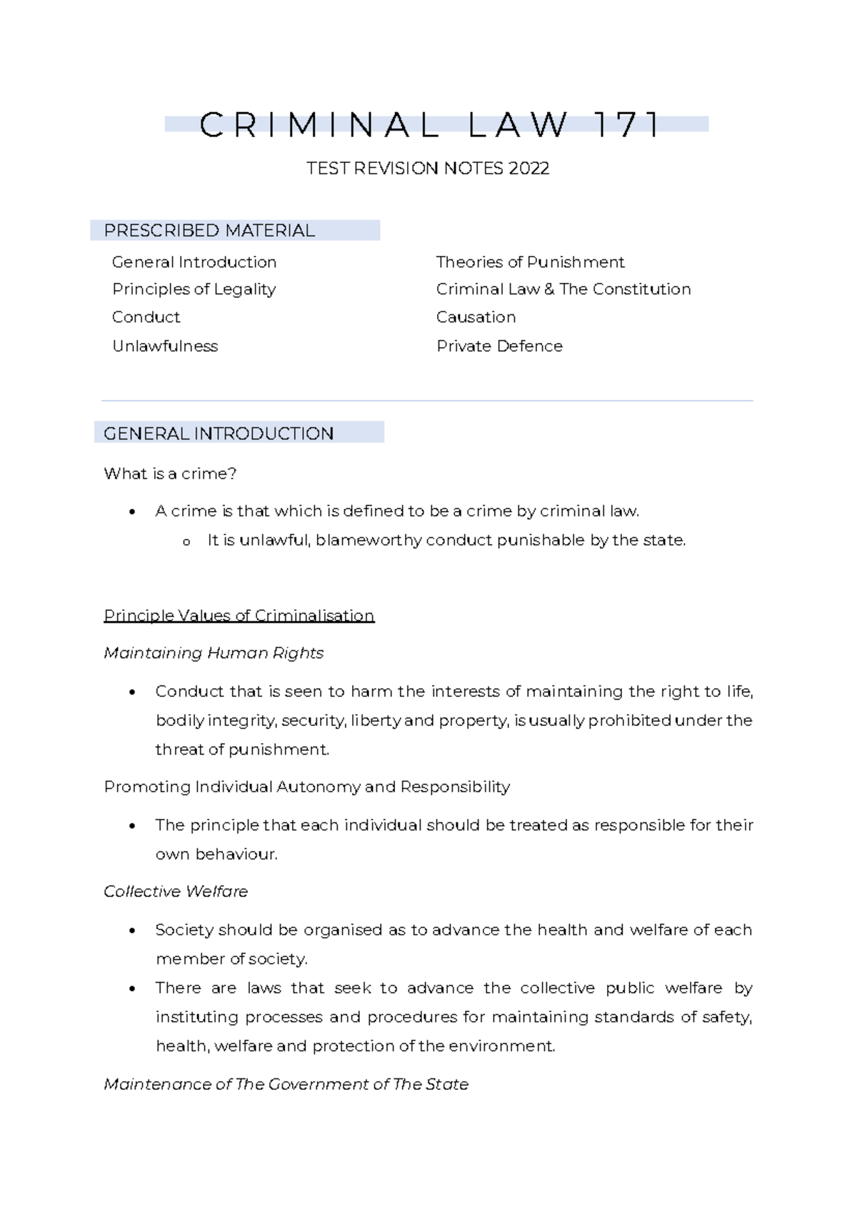 Criminal Law Notes - C R I M I N A L L A W 1 7 1 TEST REVISION NOTES ...