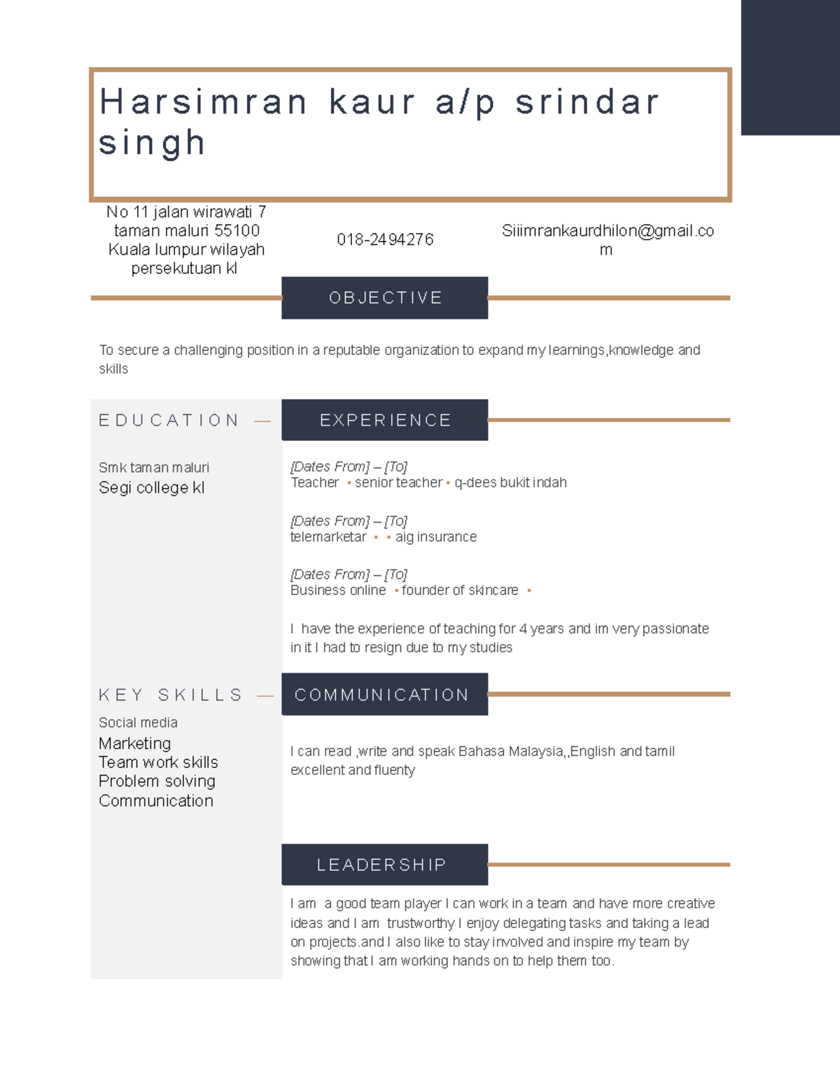 Harsimran kaur a - SEMUA KENA BUAT - Harsimran kaur a/p srindar singh No 11 jalan wirawati 7 ...