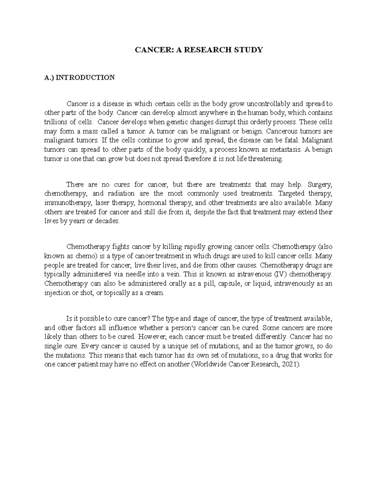Gen-Bio - notes - CANCER: A RESEARCH STUDY A.) INTRODUCTION Cancer is a ...