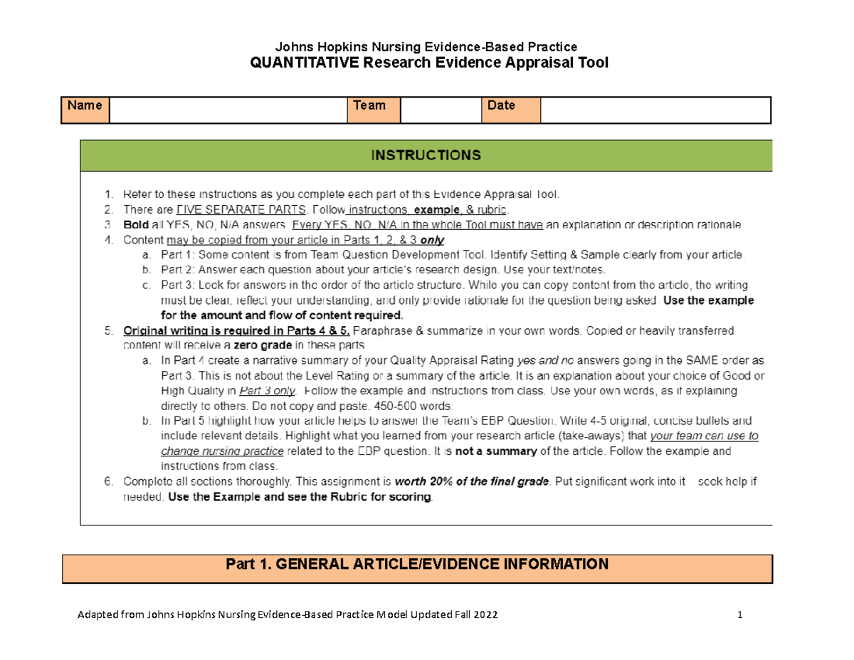 2023 NUR 363 Jhnebp Quantitative Research Evidence Appraisal TOOL ...