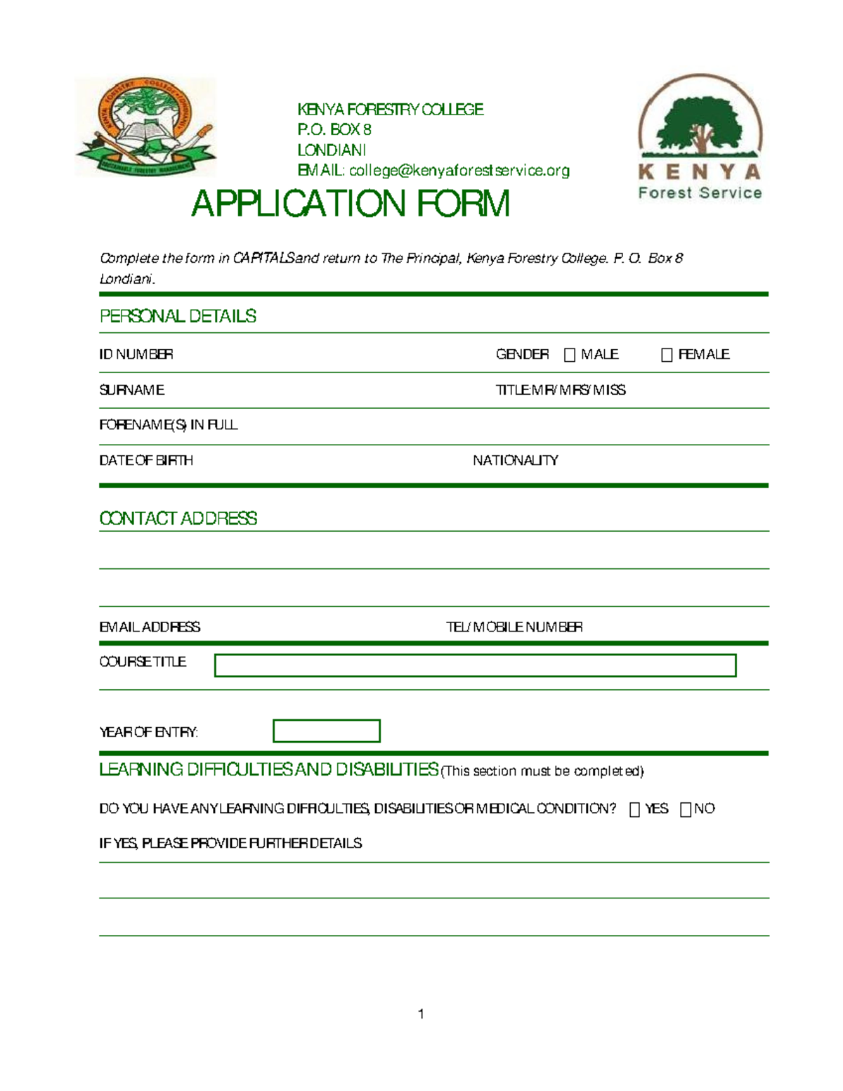 Kfc application - other - 1 KENYA FORESTRY COLLEGE P. BOX 8 LONDIANI ...