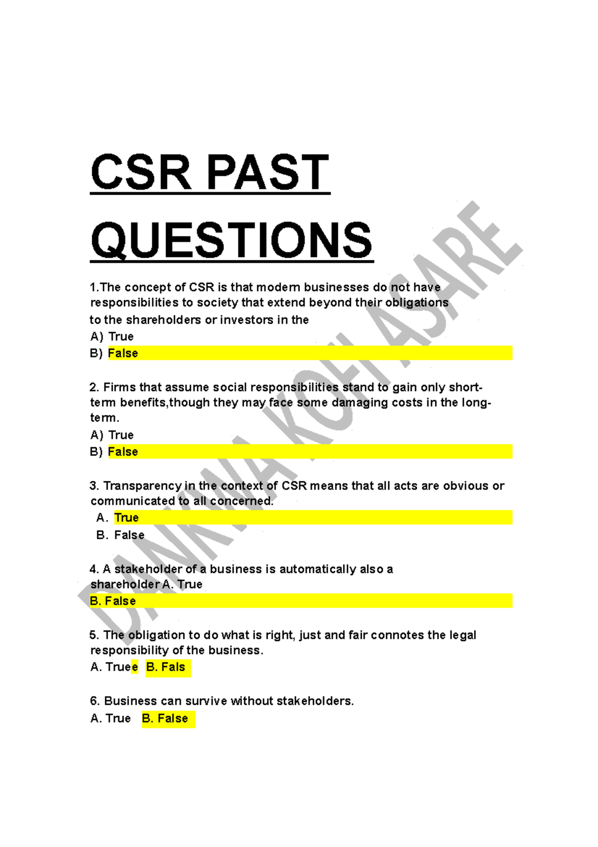 Social responsibility and ethics - CSR PAST QUESTIONS 1 concept of CSR ...