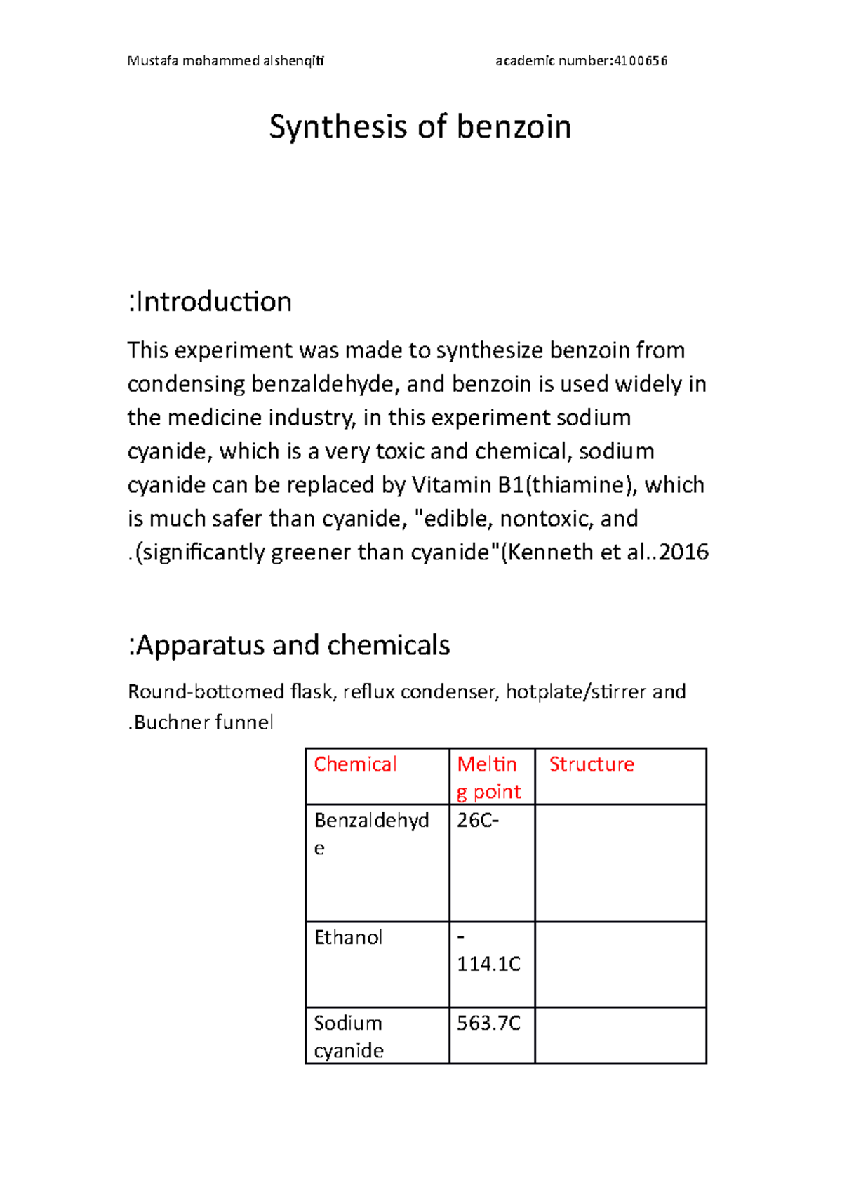 Synthesis of benzoin - lab report of the 3rd experiment from the ...