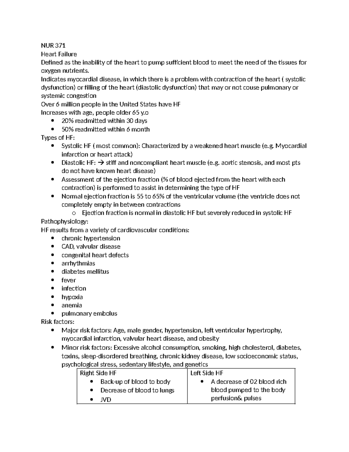 NUR 371 HF - Heart failure notes - NUR 371 Heart Failure Defined as the ...
