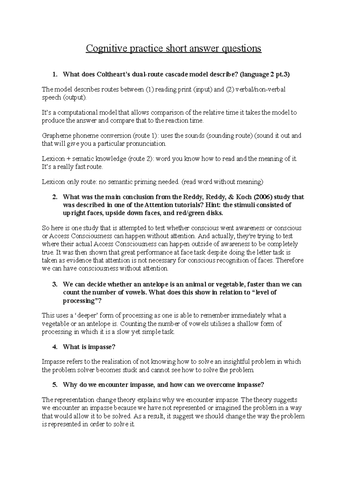 Cognitive practice short answer questions - 101677 - UWS - Studocu