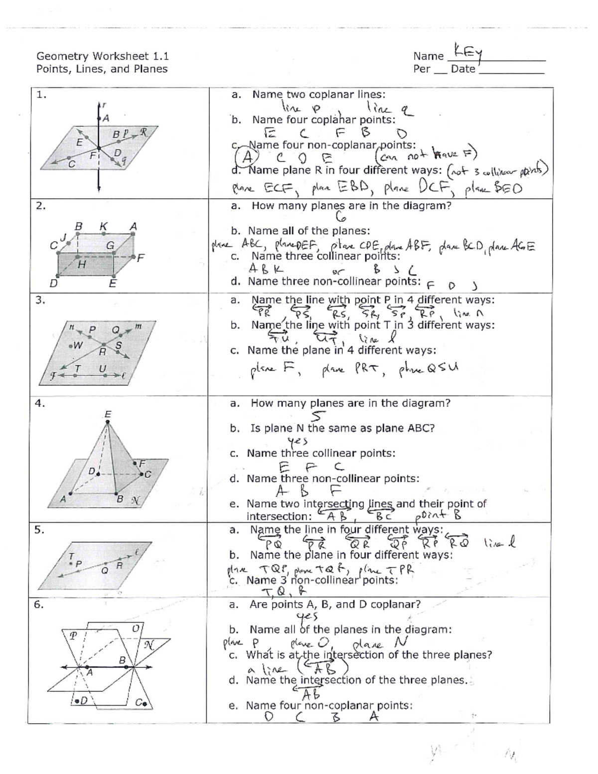 1 1 ws KEY - nnn - Geometry Worksheet 1 Name KEy Points, Lines, and ...