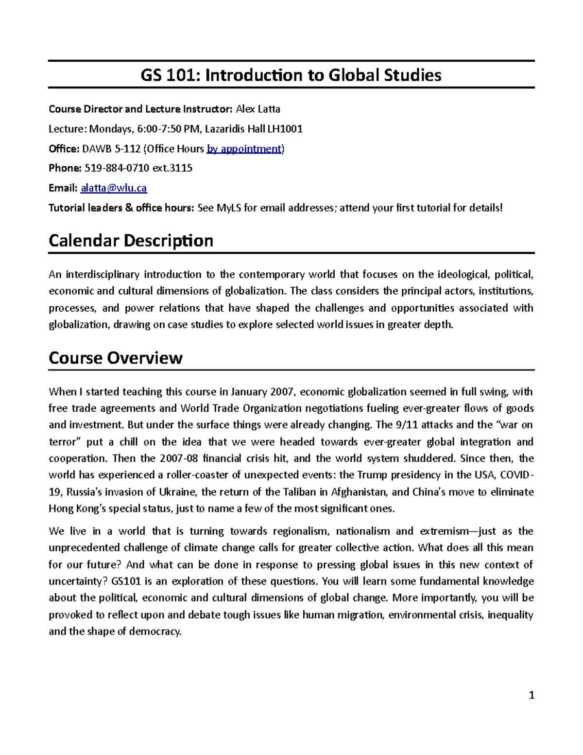 GS 101 F2022 Syllabus - GS 101: Introduction to Global Studies Course ...