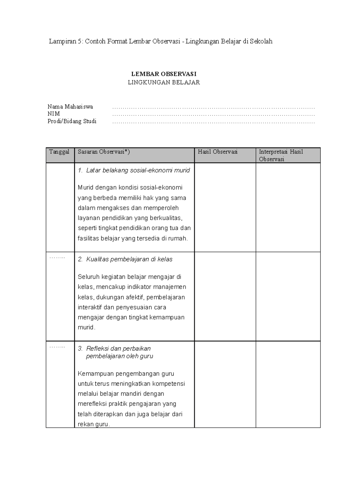 Lampiran 5 - Contoh Format Lembar Observasi Lingkungan Belajar di ...
