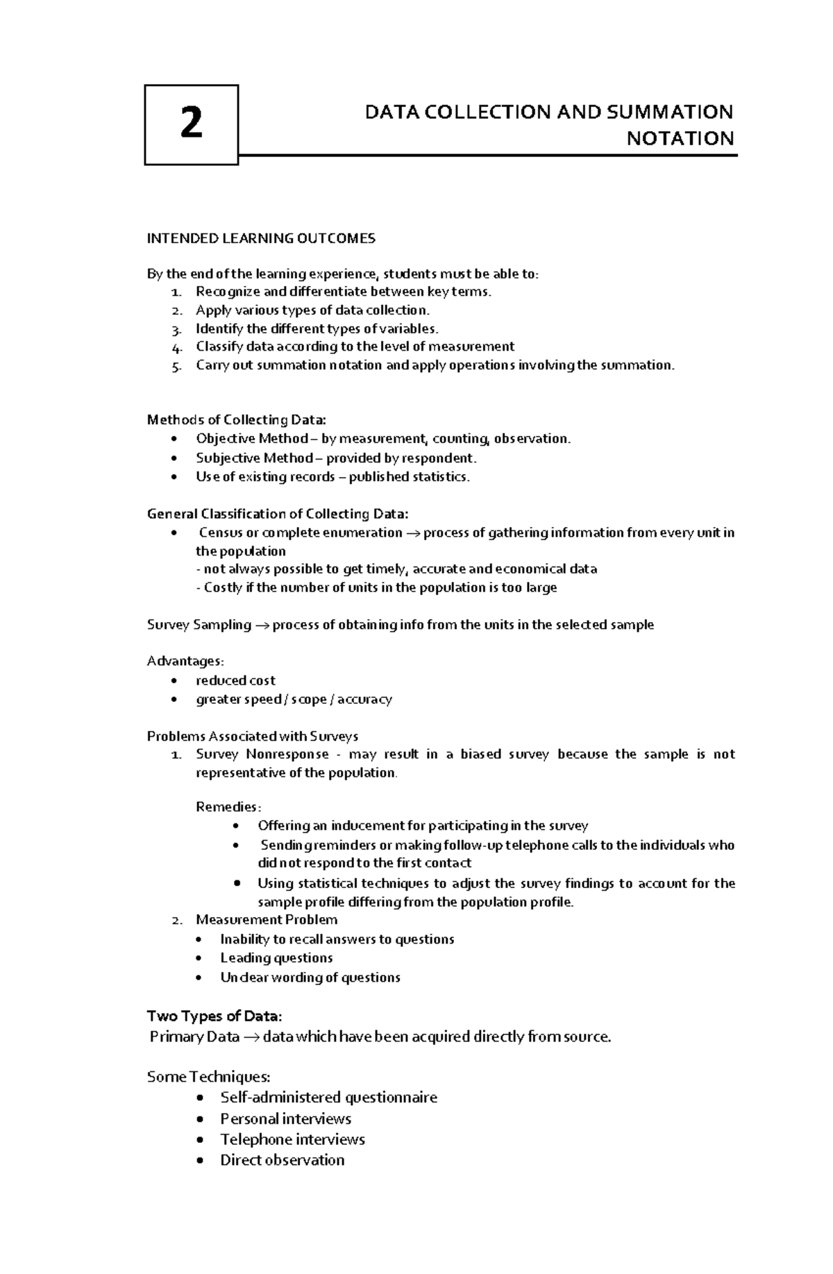 DATA Collection AND Summation - DATA COLLECTION AND SUMMATION NOTATION ...
