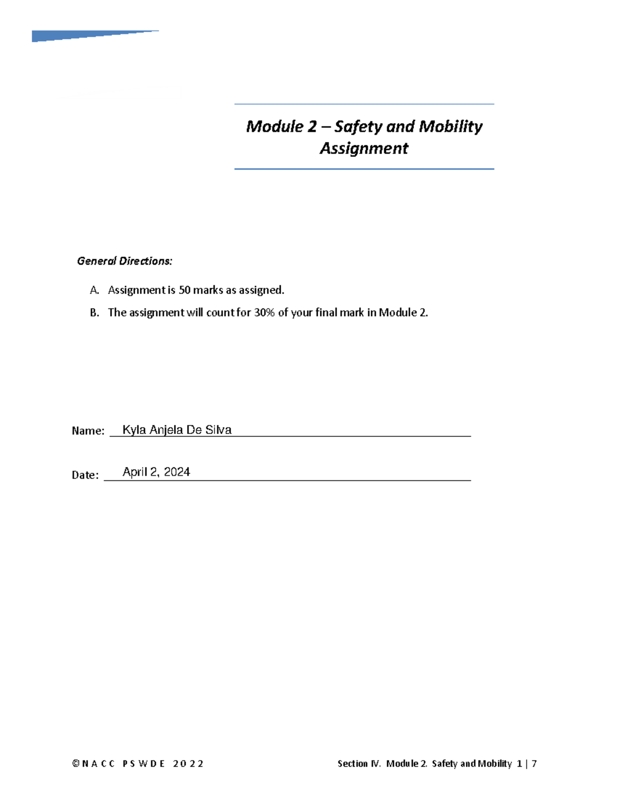 Assignment- Module 2 Safety Mobility - Module 2 – Safety and Mobility ...