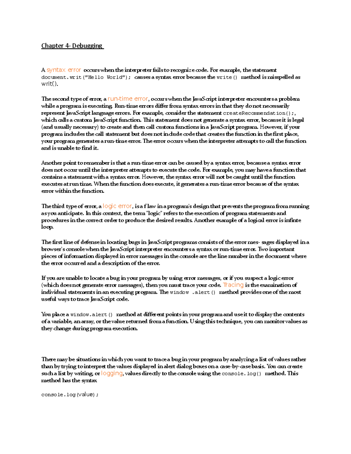 Debugging in JavaScript: Syntax Runtime and Logic Errors - Studocu