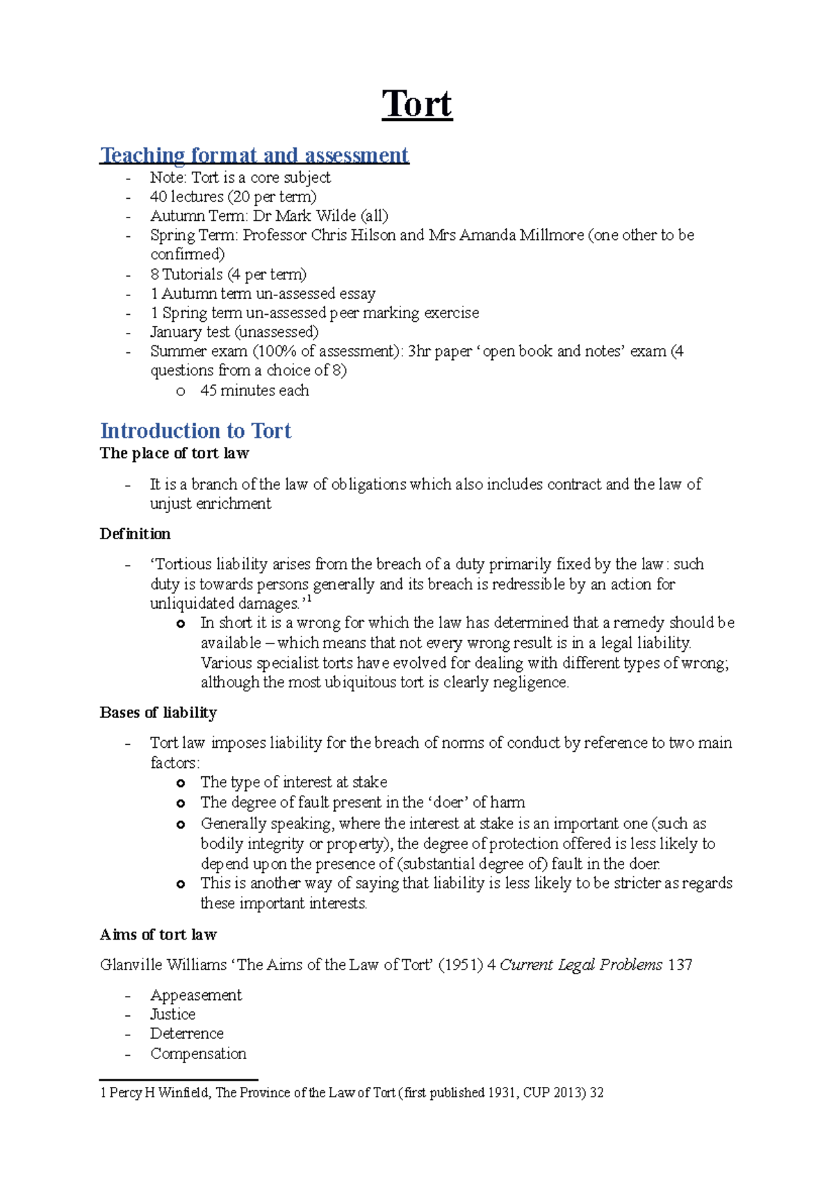 Tort lecture notes - Tort Teaching format and assessment Note: Tort is ...