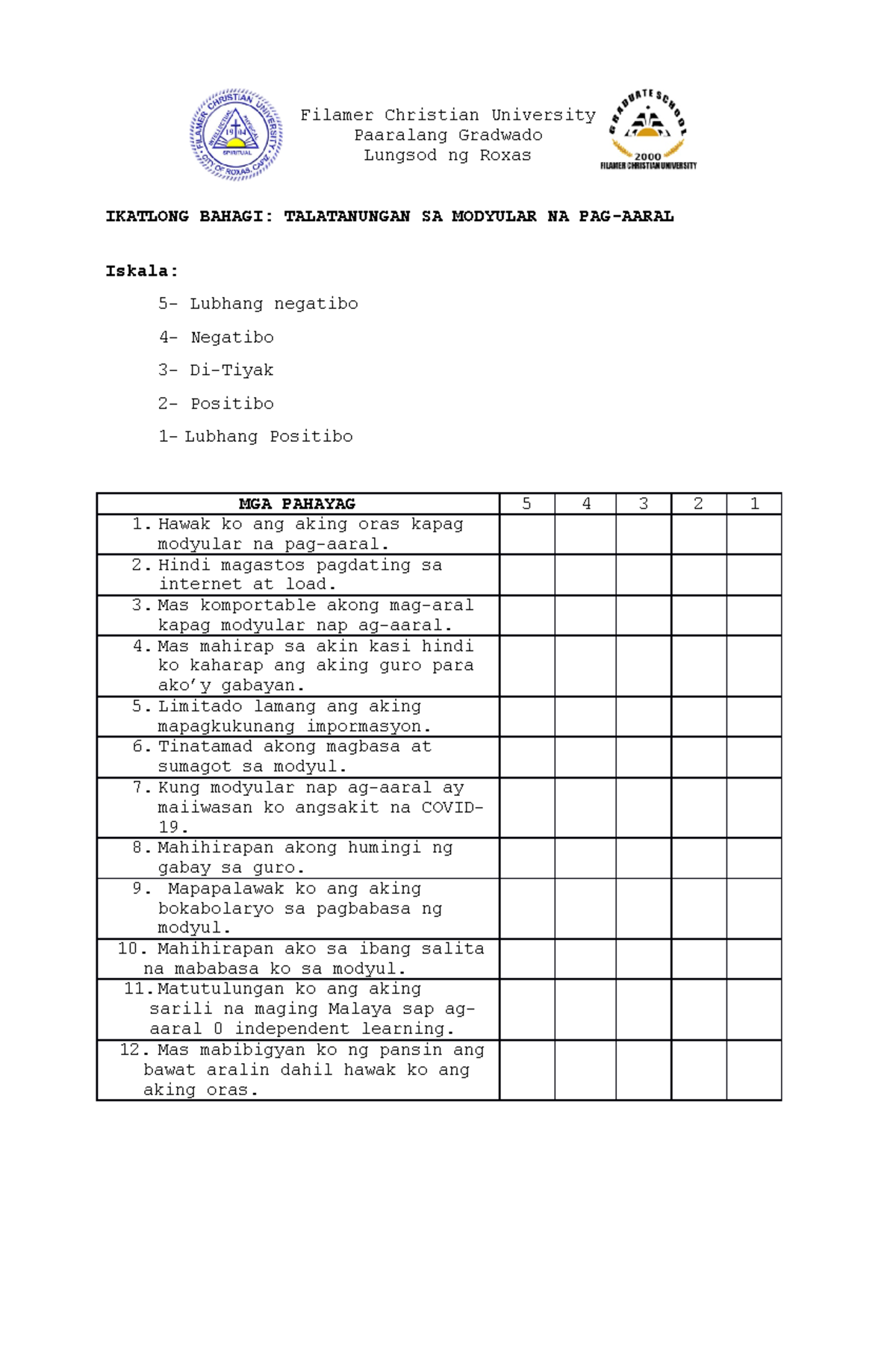 Talatanungan sa modyular na pag-aaral - Filamer Christian University ...