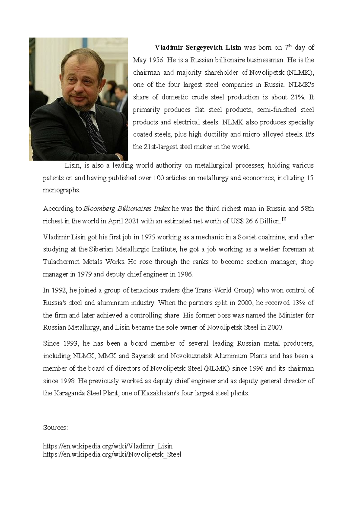 Vladimir Sergeyevich Lisin Assignment - Vladimir Sergeyevich Lisin was ...