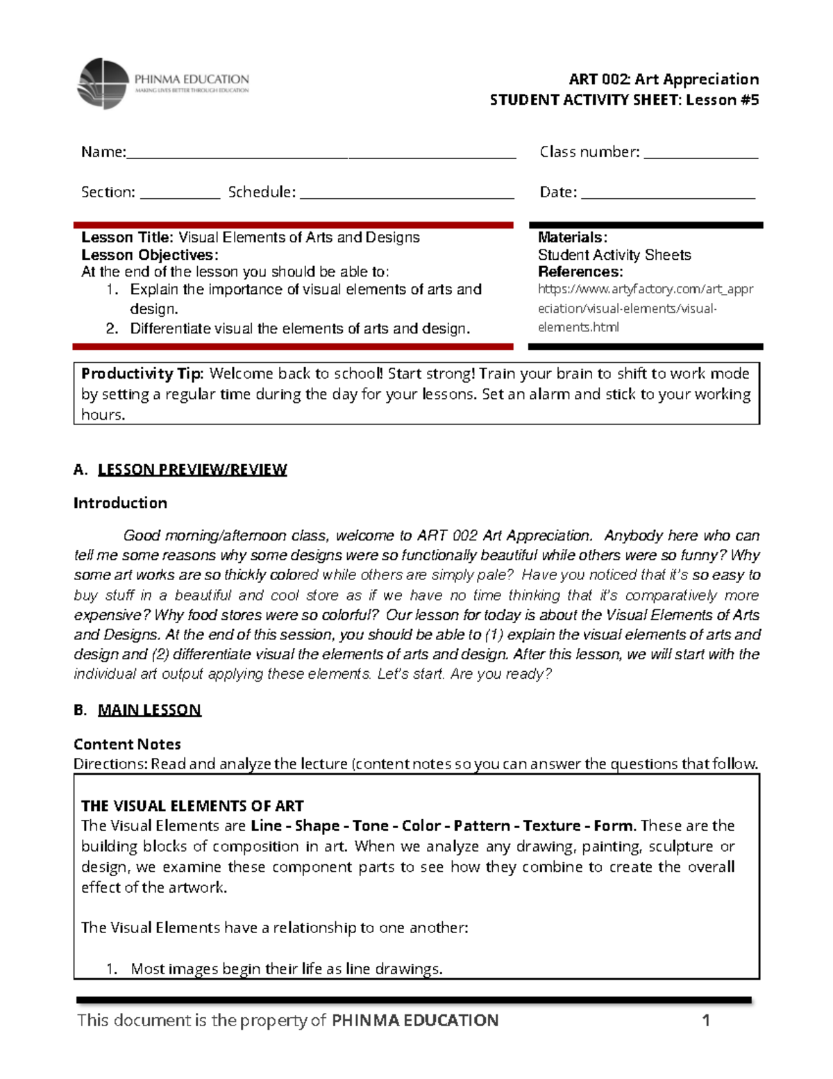 ART 002- Lesson 5 SAS - Education - STUDENT ACTIVITY SHEET: Lesson ...