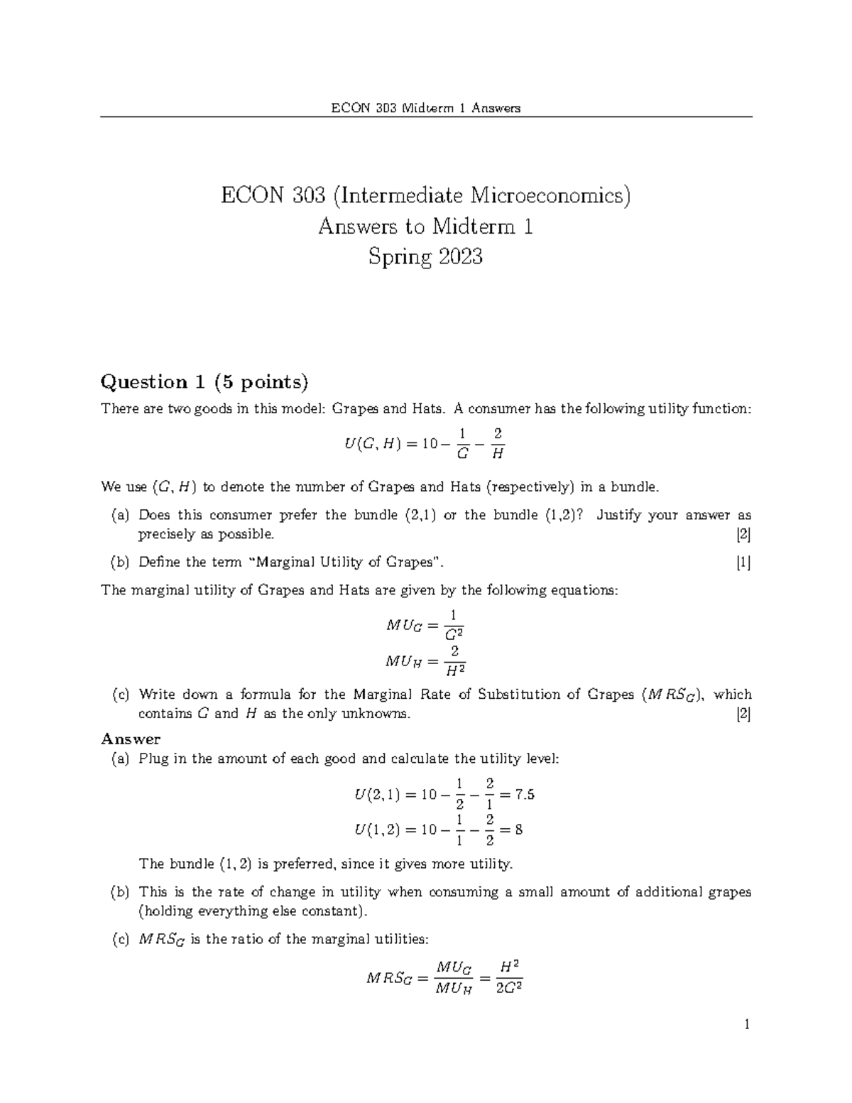 Midterm 1Ans - Professor Joel Han - ECON 303 Midterm 1 Answers ECON 303 (Intermediate - Studocu