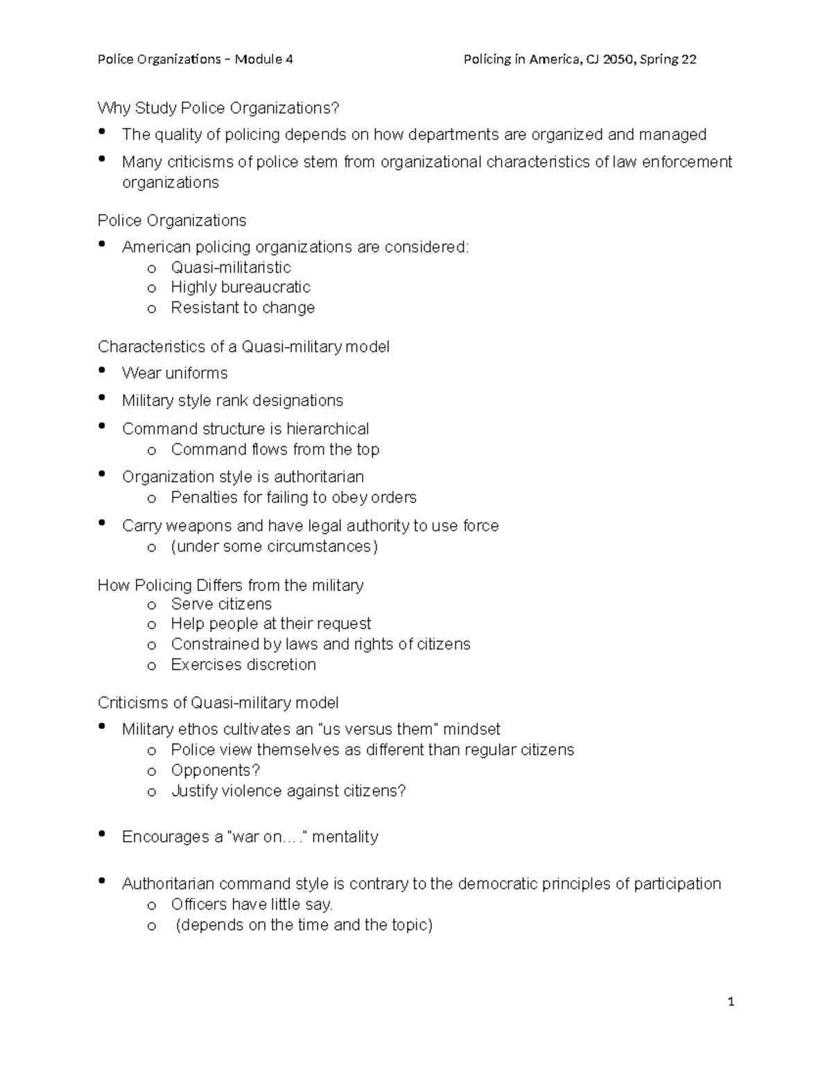 Ch 4 Study Guide - These are lecture notes from a Policing In America ...