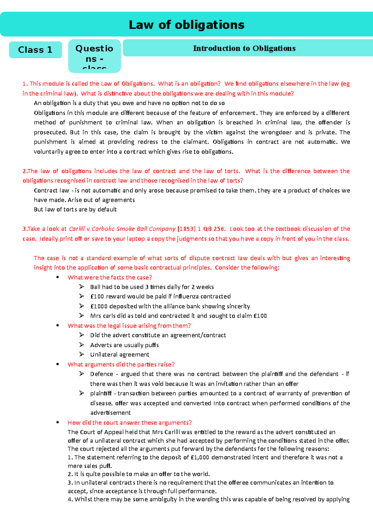 Class 1 - tutorial - This module is called the Law of Obligations. What ...