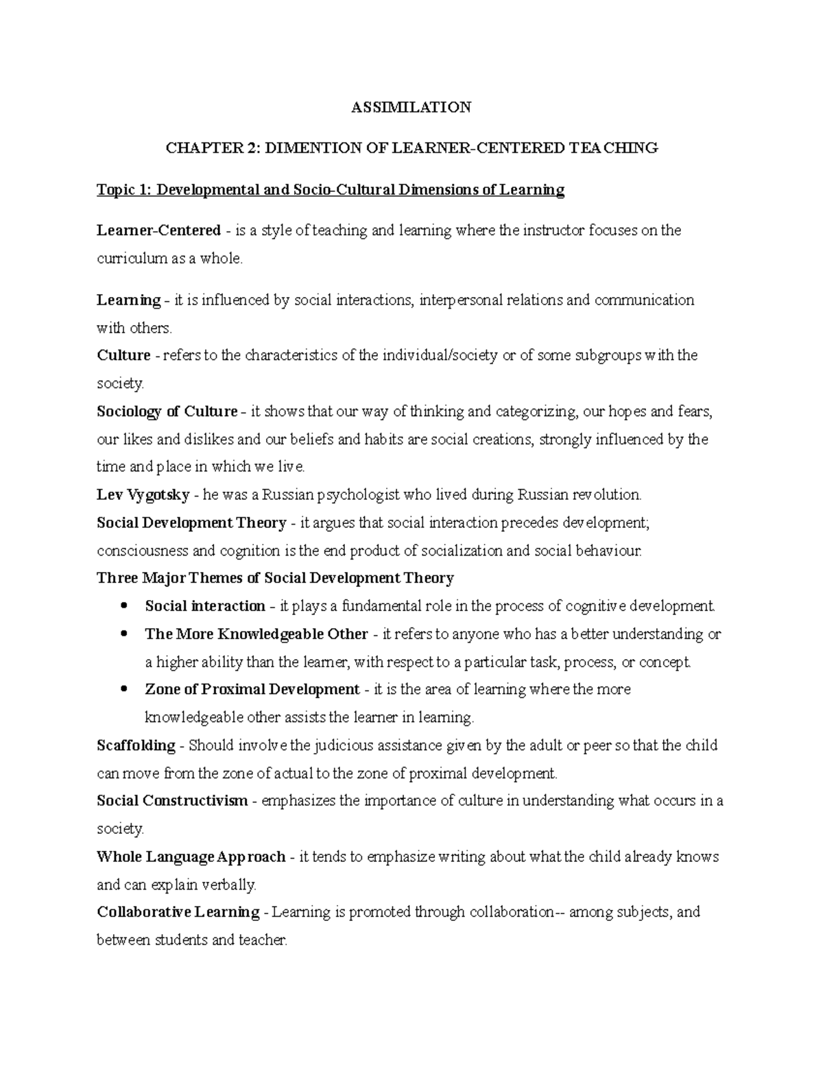 Assimilation EDUC 201 - ASSIMILATION CHAPTER 2: DIMENTION OF LEARNER ...