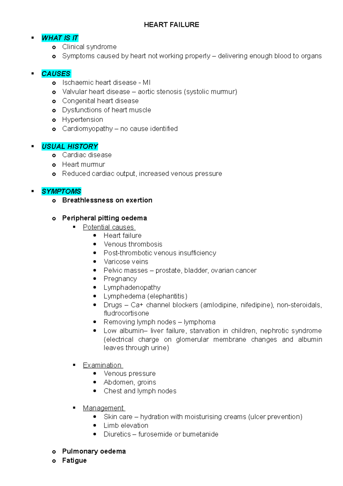 Heart Failure - Lecture notes 12 - HEART FAILURE WHAT IS IT o Clinical ...