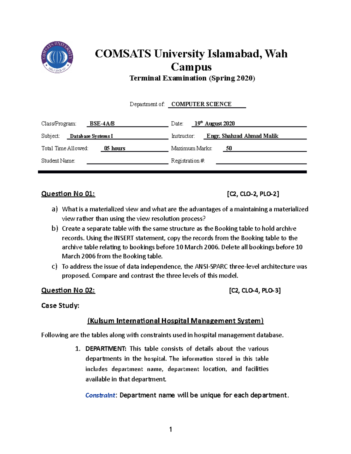Examenes 19 19 August 2020, questions - COMSATS University Islamabad ...